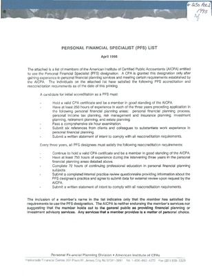 "Personal Financial Specialist (PFS) List April 1995" by American ...