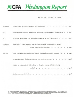 "Washington report, vol. 12 no.13, May 23, 1983" by American Institute ...