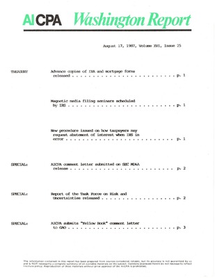 "Washington report, vol. 16 no.25, August 17, 1987" by American ...