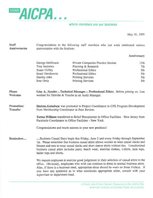 "Inside AICPA, May 30, 1995" by American Institute of Certified Public ...