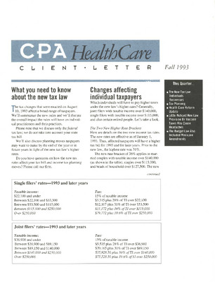 "CPA healthCare client letter, Fall 1993" by American Institute of ...