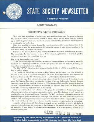 "State Society Newsletter, January/February 1963" by American Institute ...