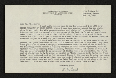 "Letter from Levi Robert Lind to Hubert Creekmore (17 November 1952 ...